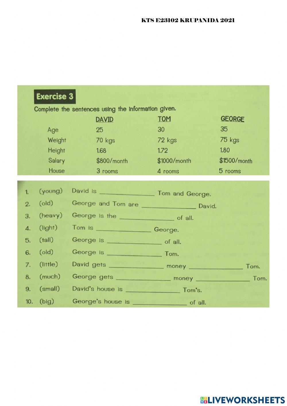 Comparison 1 0309 | Panida28 | Live Worksheets
