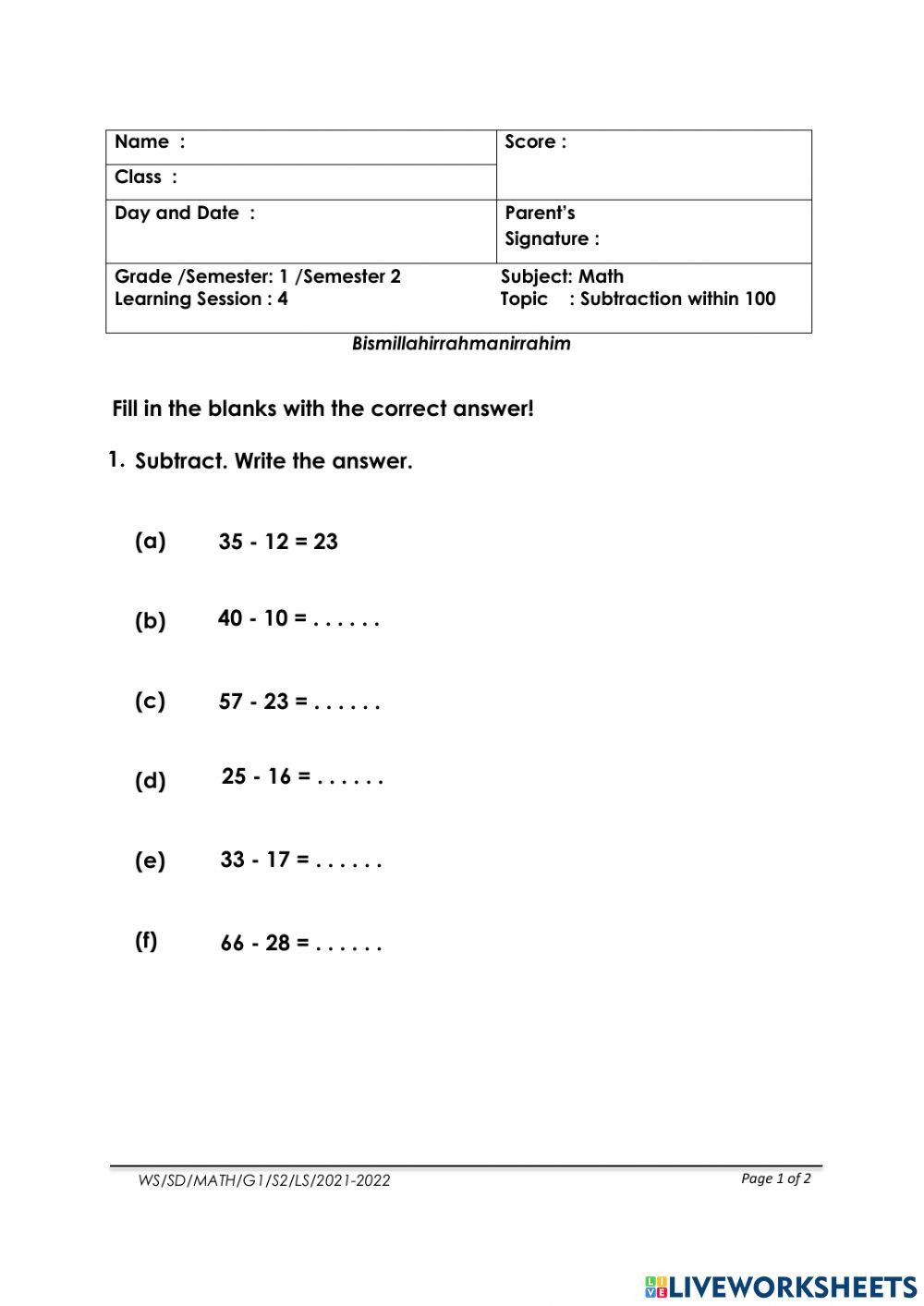 Subtraction Within 100 1844730 | shellyisma | Live