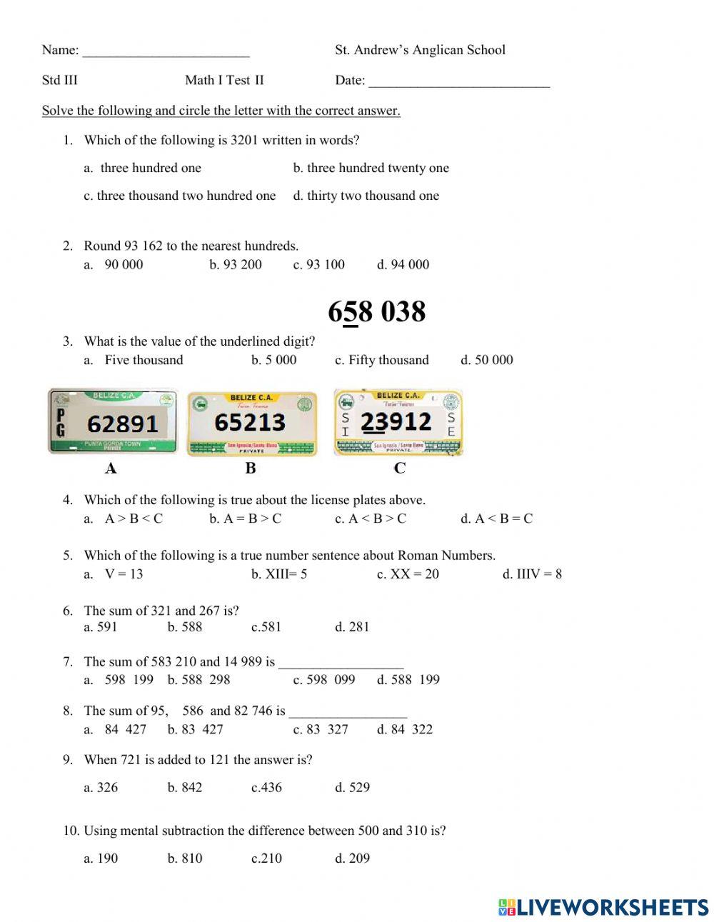 Math I Test II Cycle 2 online exercise for | Live Worksheets