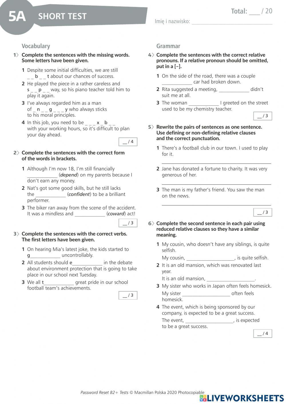 Reset B2+ u5 short online exercise for | Live Worksheets