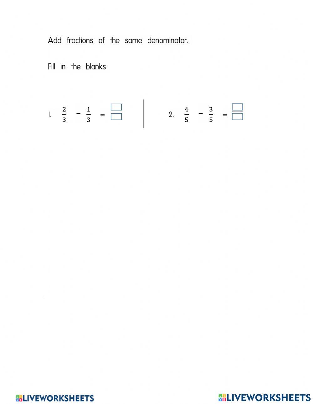 Subtraction with Like Denominator worksheet | Live Worksheets
