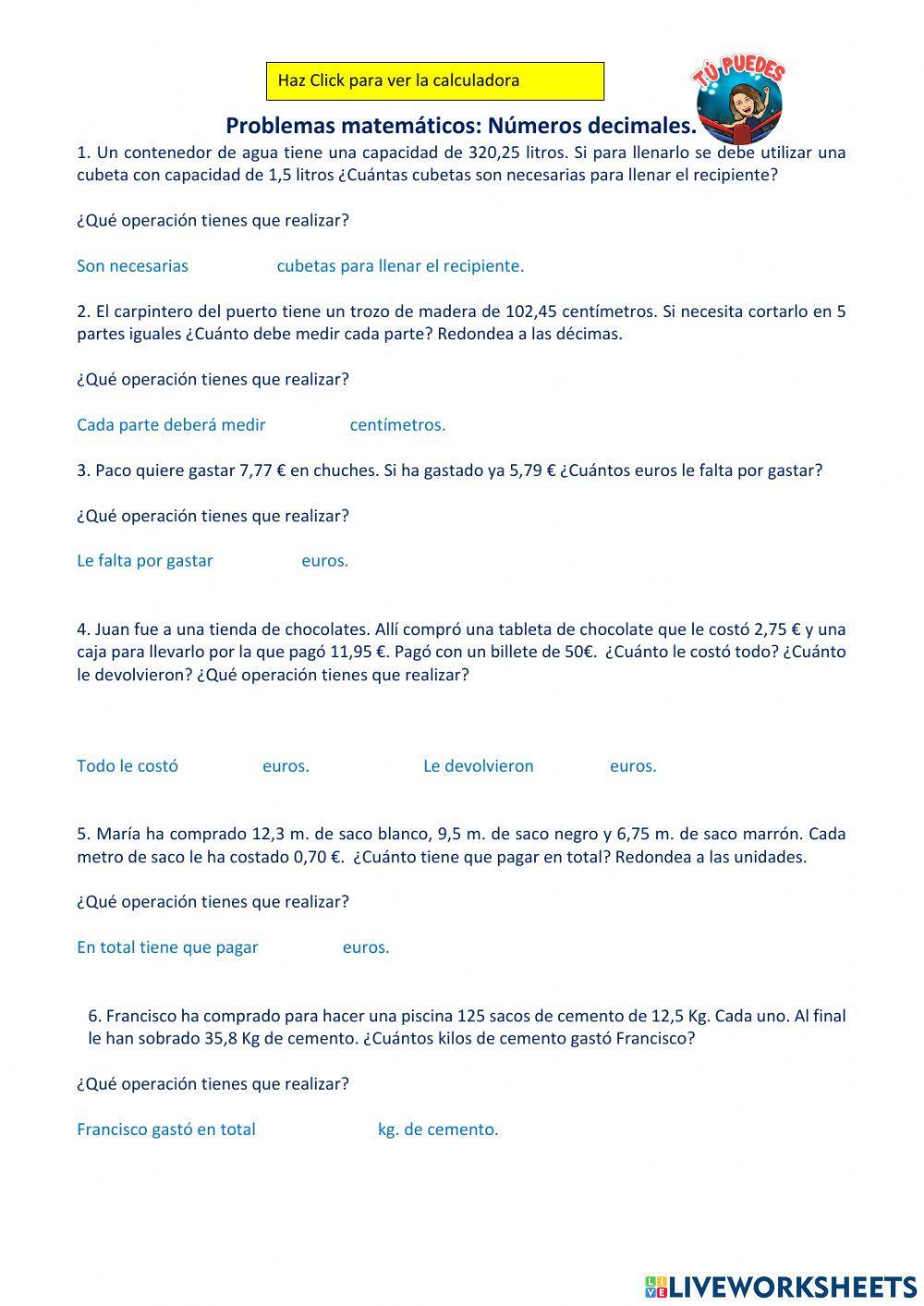 Problemas con decimales free activity | Live Worksheets