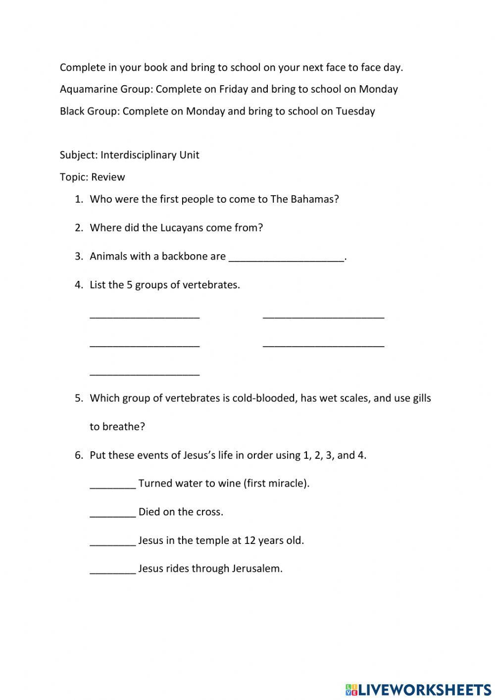 Interdisciplinary Unit Review online exercise for | Live Worksheets