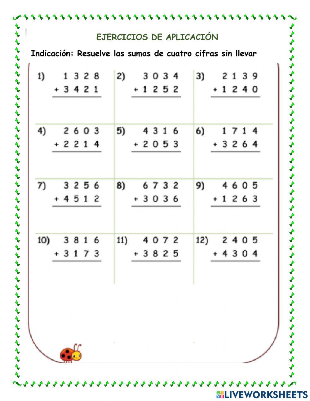 Sumas de cuatro cifras sin llevar online exercise for | Live Worksheets