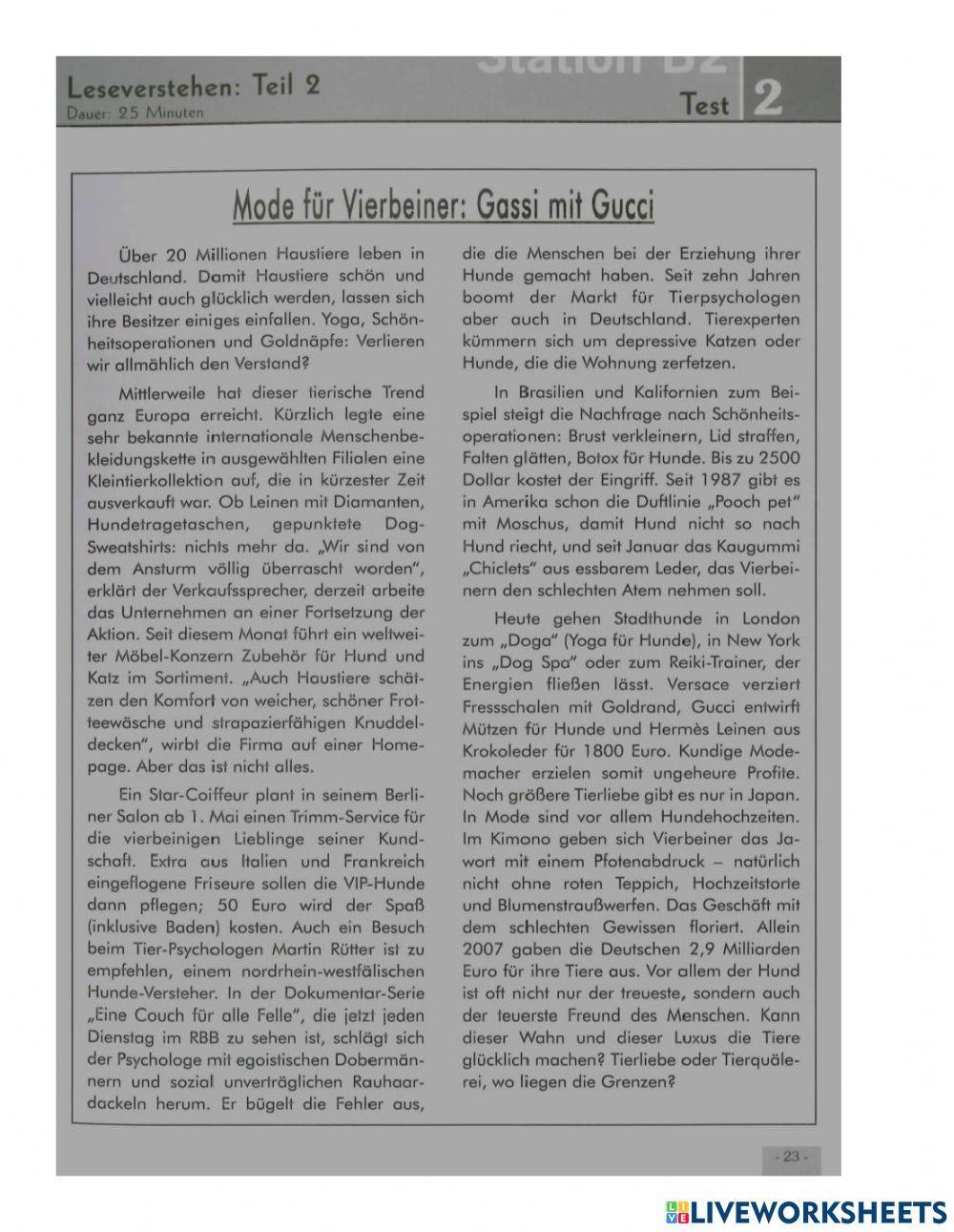 Leseverstehen online activity for B2 | Live Worksheets