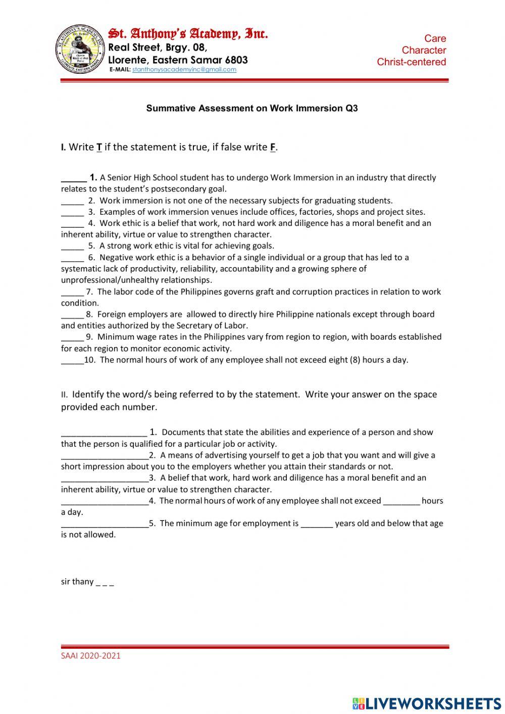 Summative Assessment Q3 worksheet | Live Worksheets