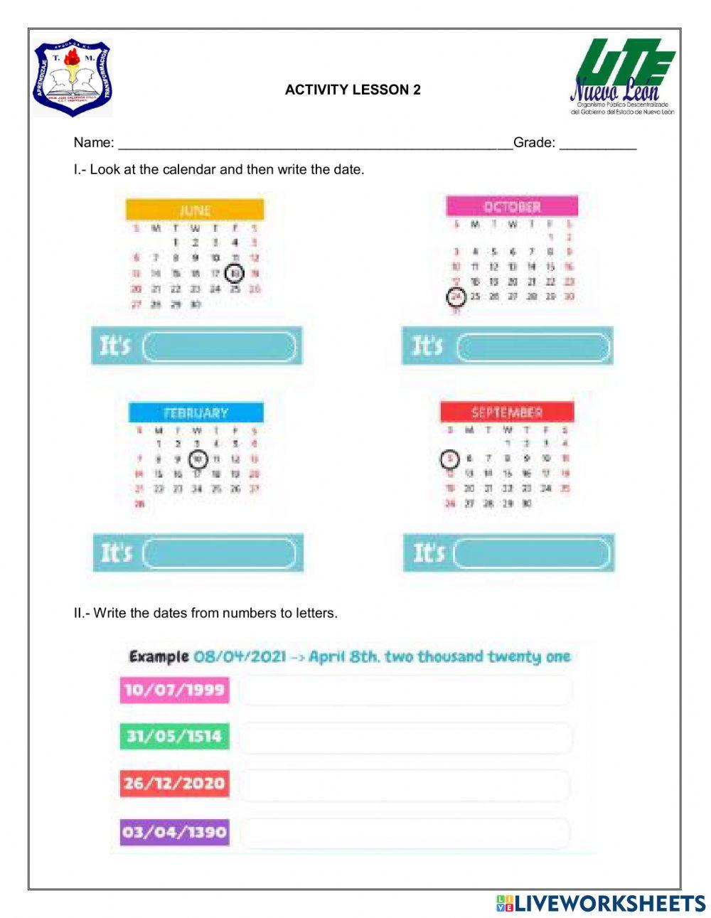 Dates online worksheet for 6to. primaria | Live Worksheets
