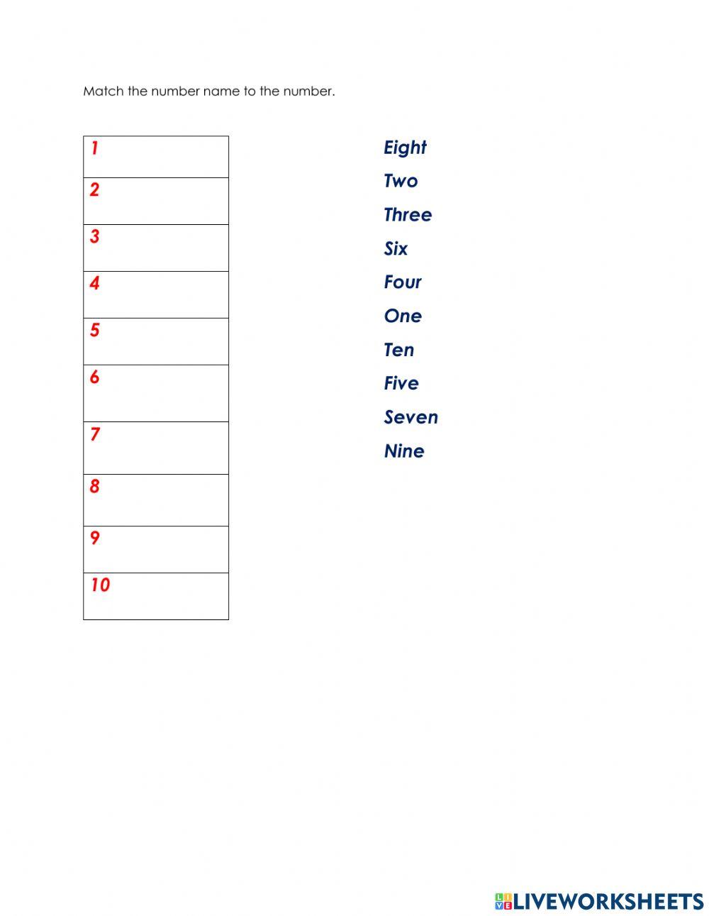 Match the number name to the number interactive worksheet | Live Worksheets