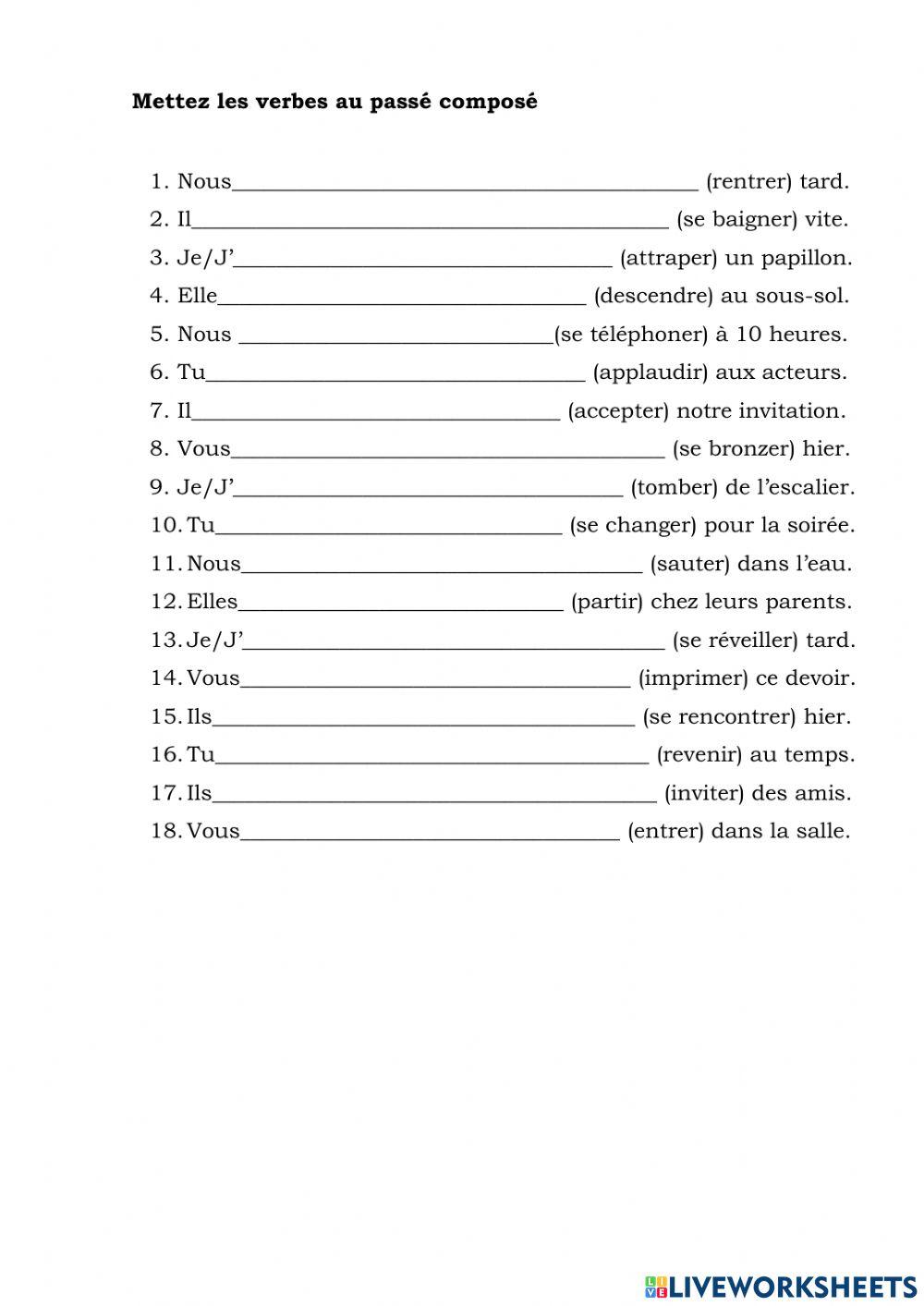 Passe compose online worksheet for classe 5 | Live Worksheets