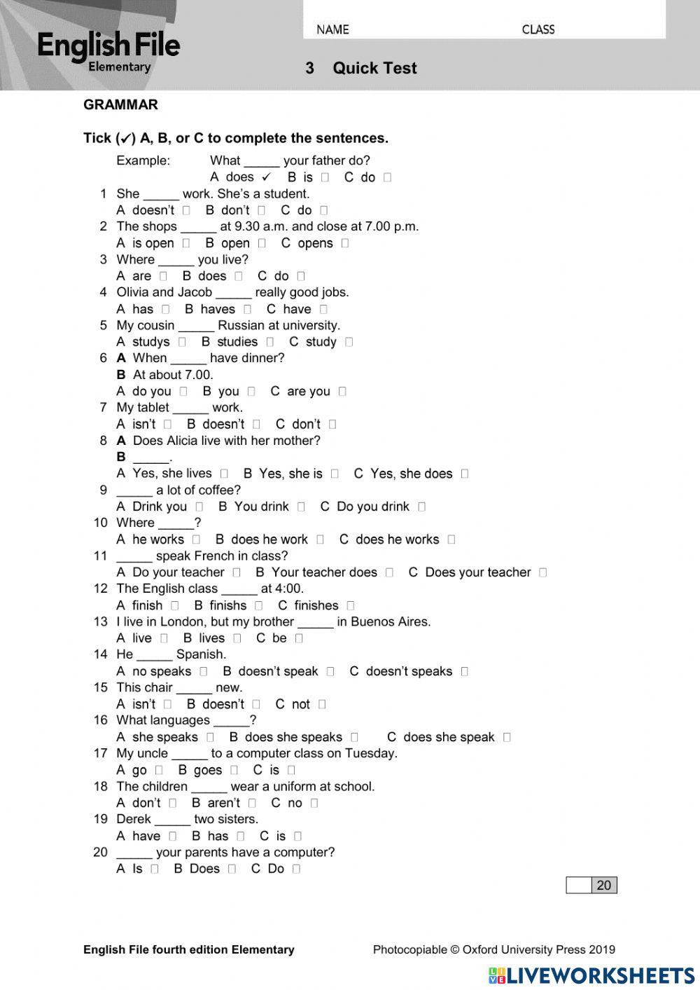 English File 4th edition: Elementary -- Quick test 3
