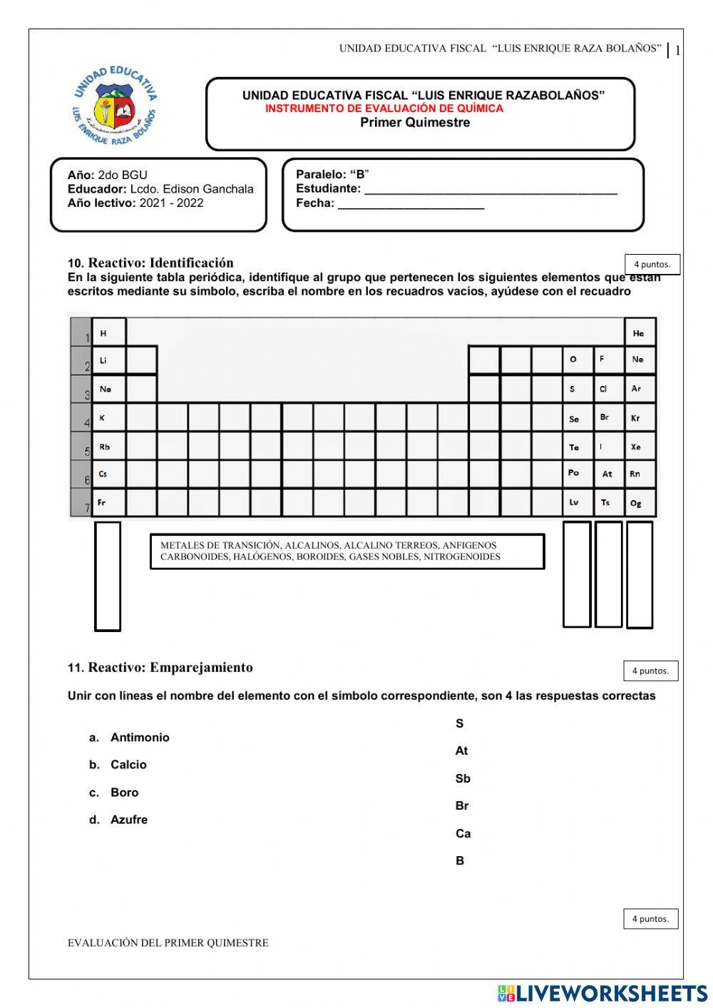Evaluacion 1er quimestre 2do worksheet | Live Worksheets