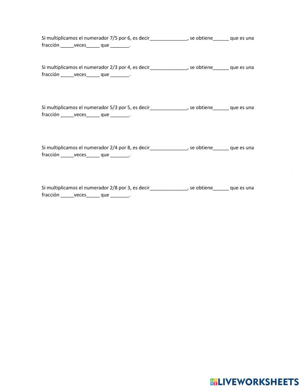 Multiplicacion de numeradores por un numero natural worksheet | Live ...