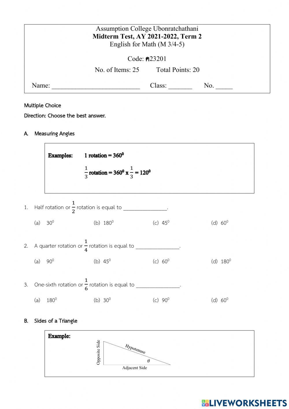 M3-4-5 English for Math Midterm Test (Term 2,