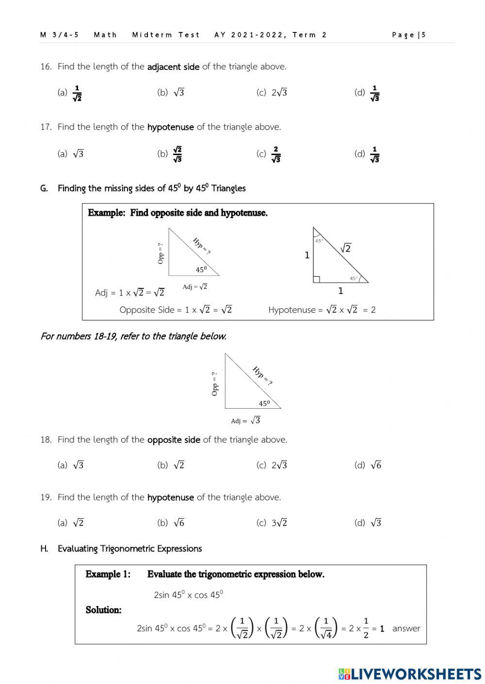 M3-4-5 English for Math Midterm Test (Term 2,