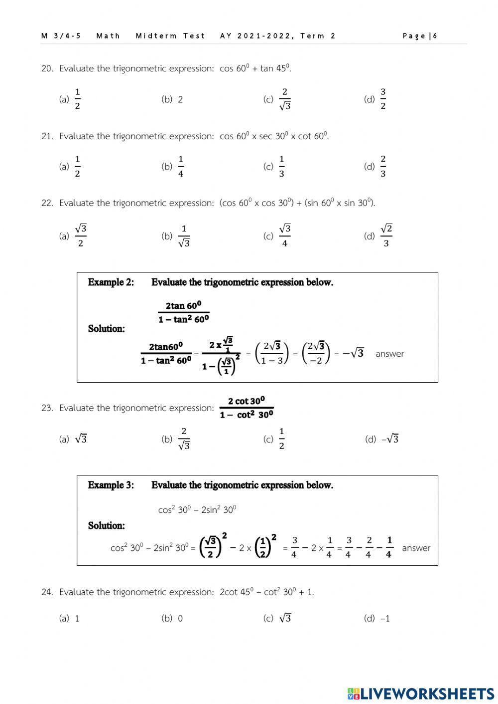M3-4-5 English for Math Midterm Test (Term 2,