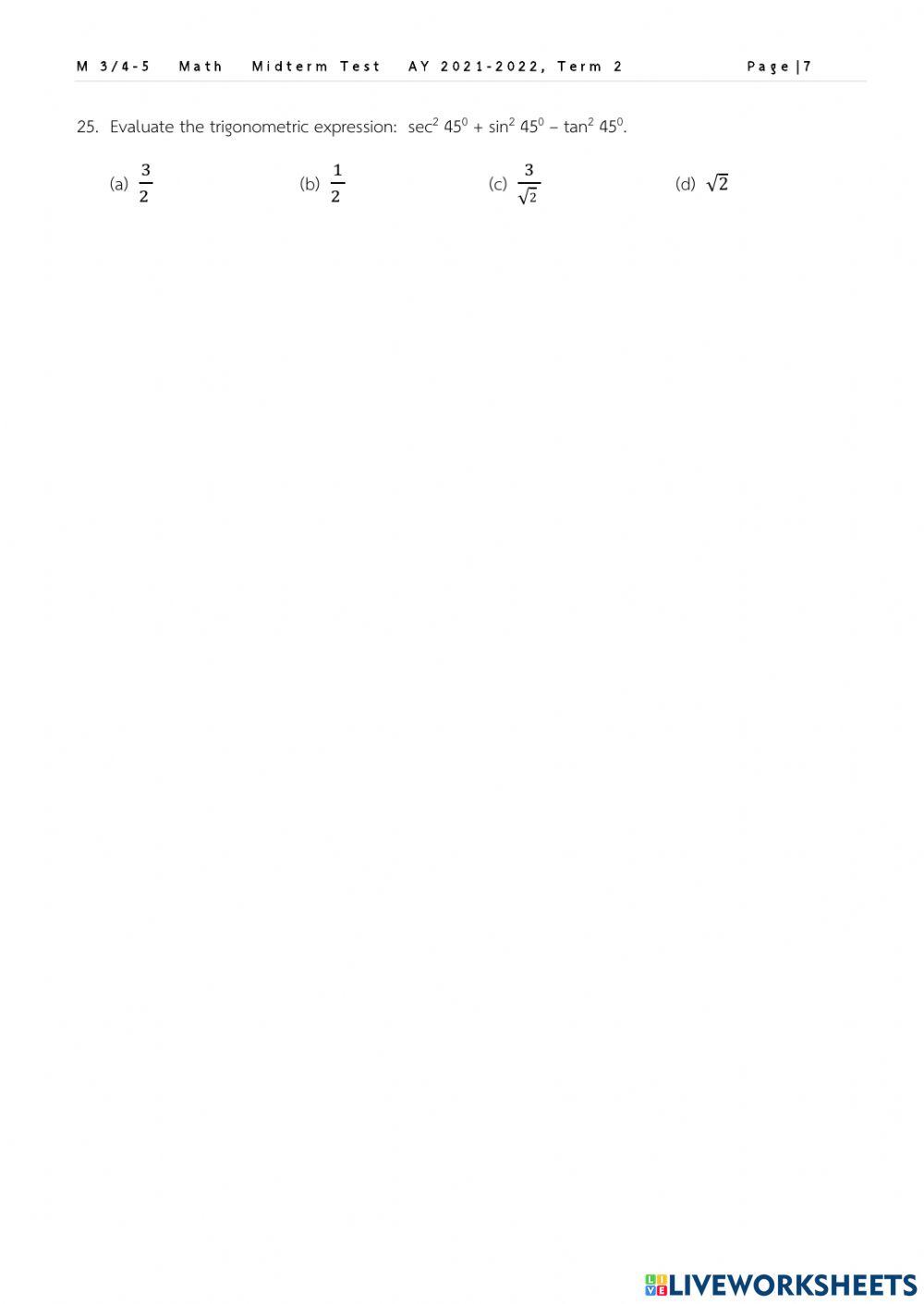 M3-4-5 English for Math Midterm Test (Term 2,