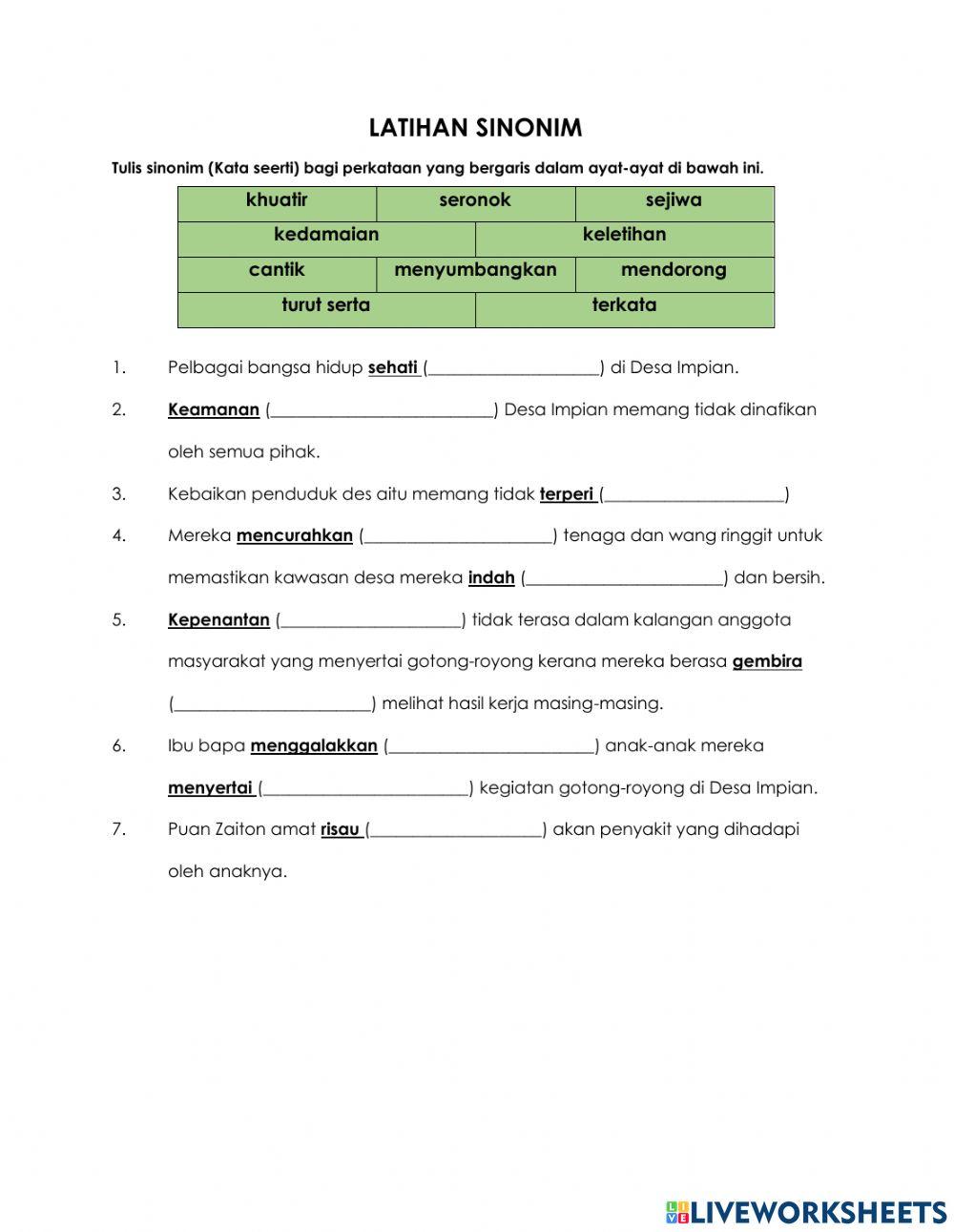 1848532 | Sinonim | Nurhayana Zaini | LiveWorksheets
