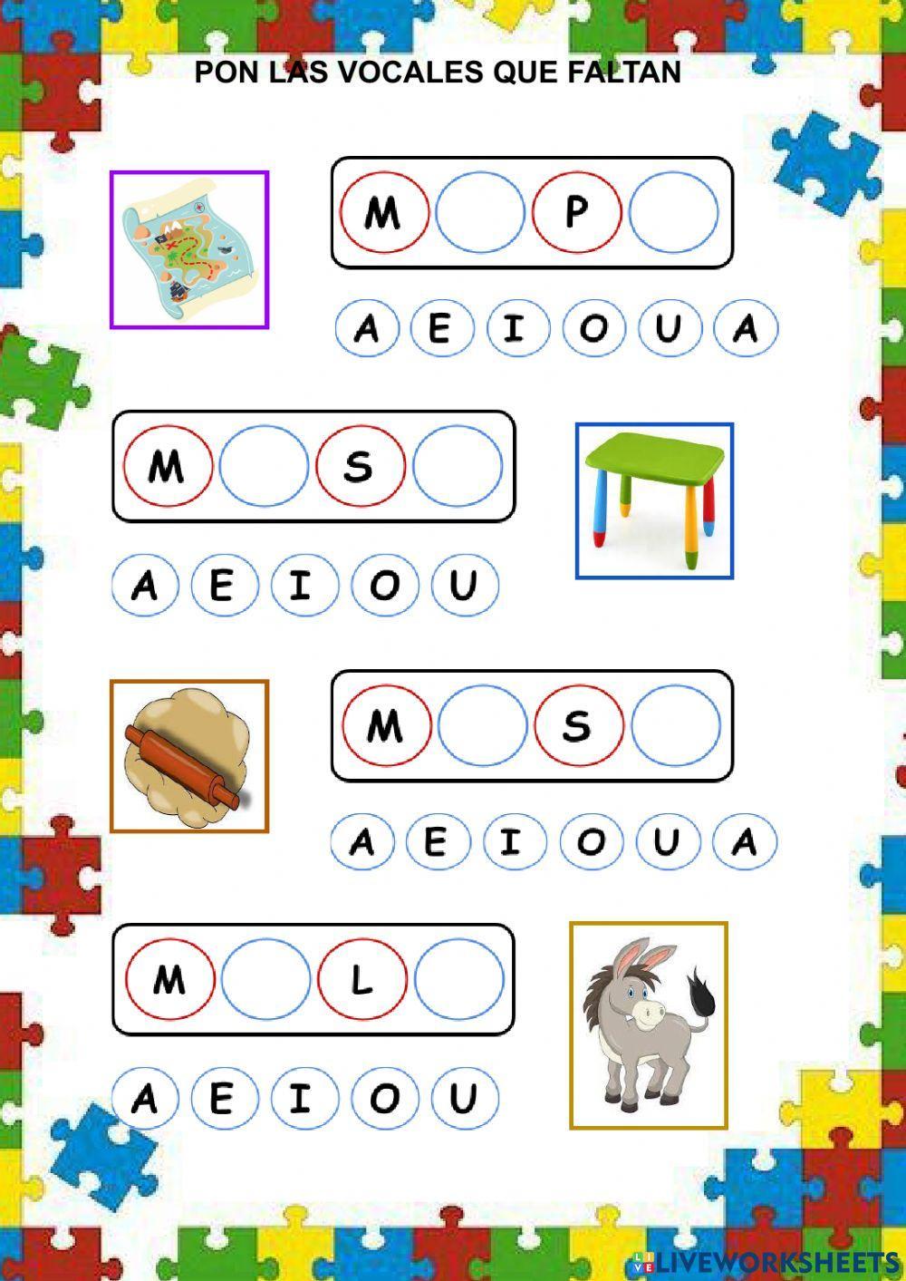 Poner las vocales que faltan 2 worksheet | Live Worksheets