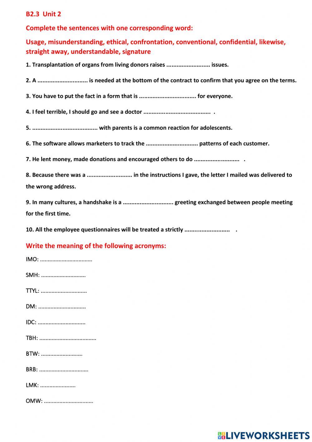 B2.3 Unit 2 Practice 1 worksheet | Live Worksheets