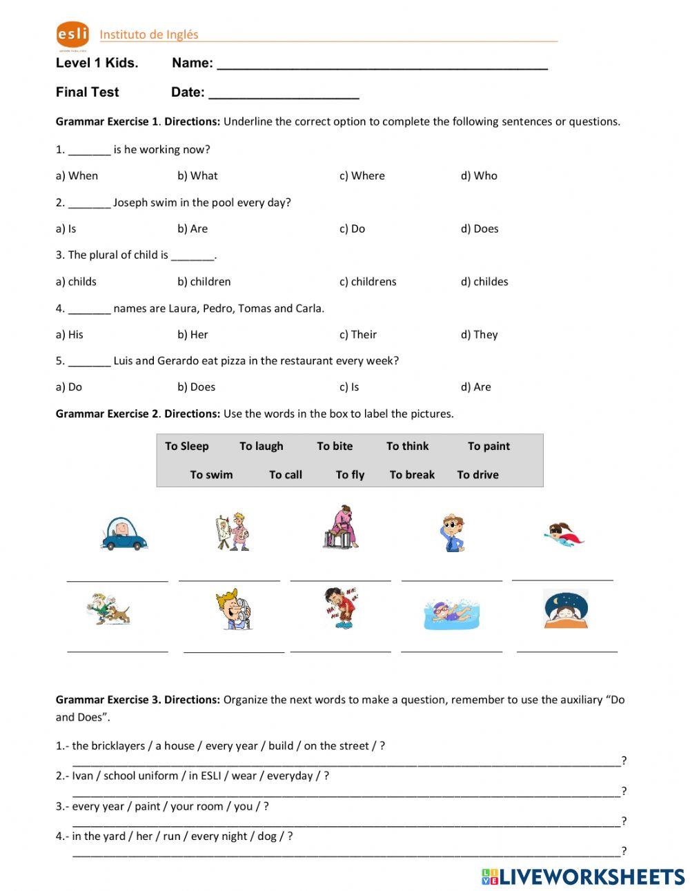 Level 1 Kids Final Test interactive worksheet | Live Worksheets