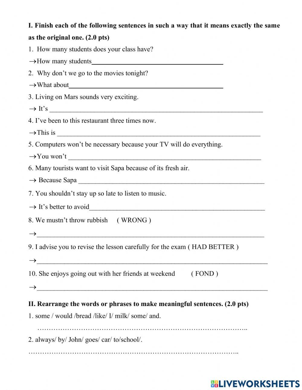 English 6 online activity for 6 | Live Worksheets
