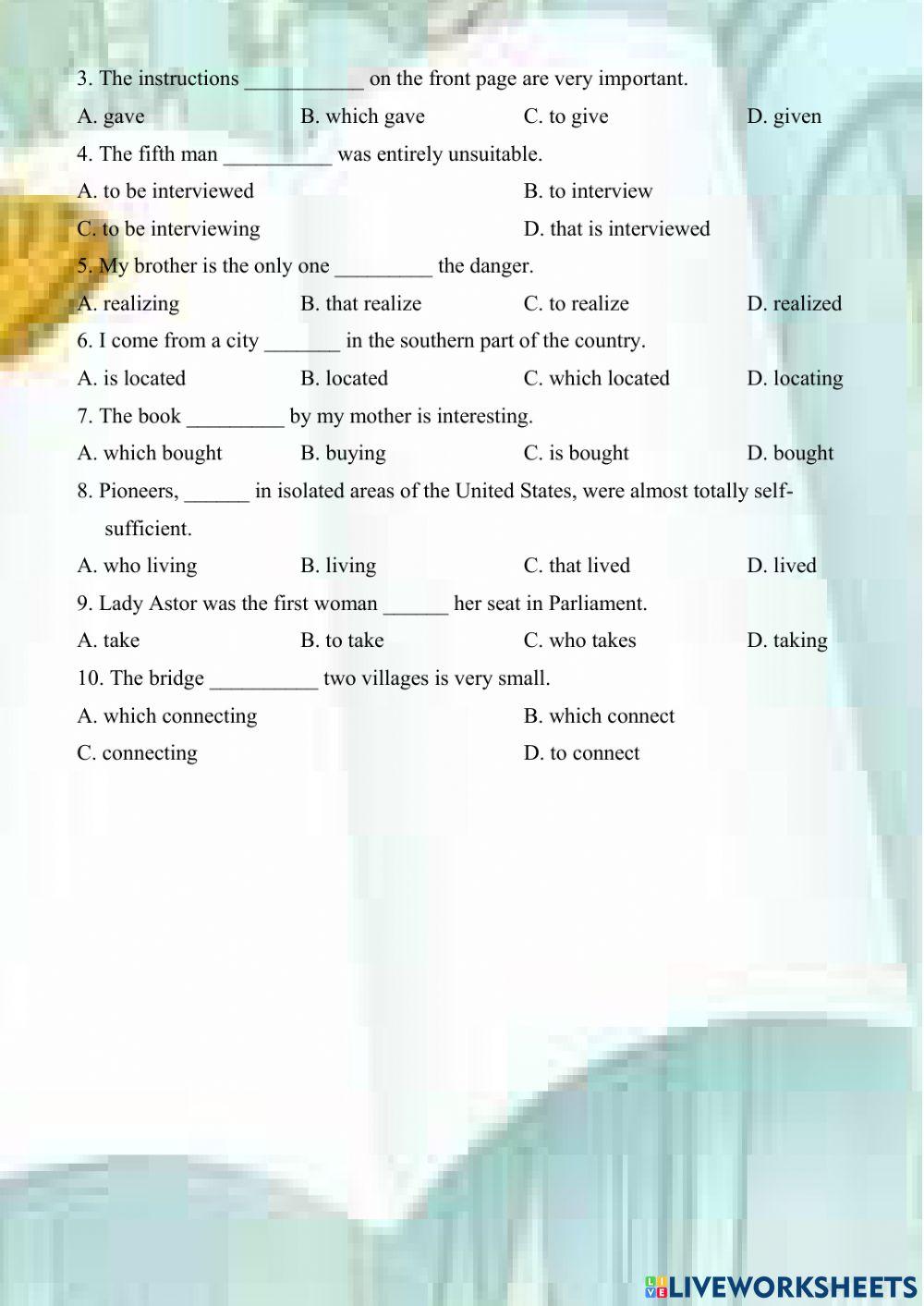 EXERCISE LANGUAGE FOCUS UNIT 11- GRADE 11 online exercise for | Live Worksheets