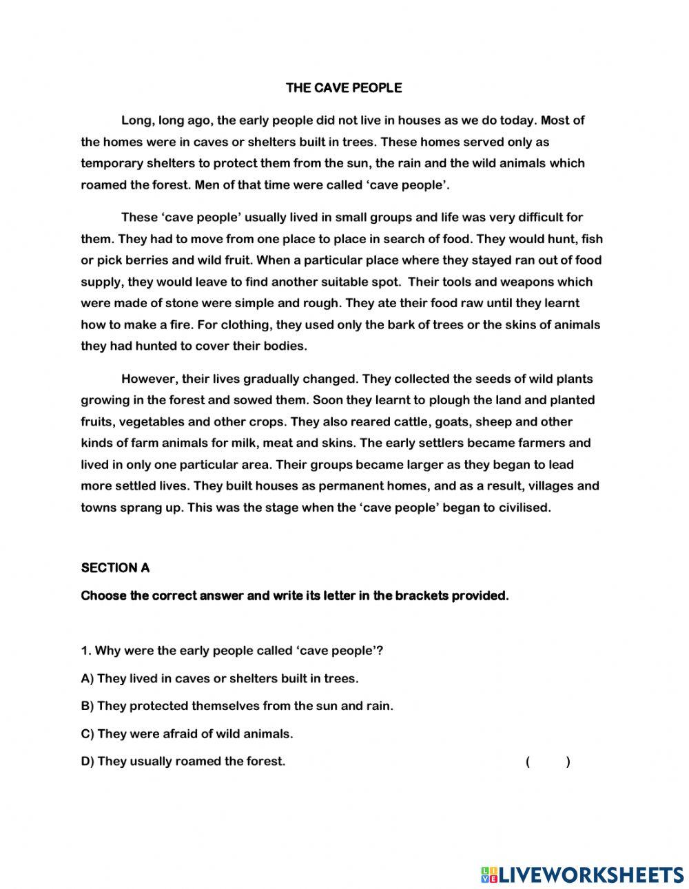 THE CAVE PEOPLE online exercise for | Live Worksheets