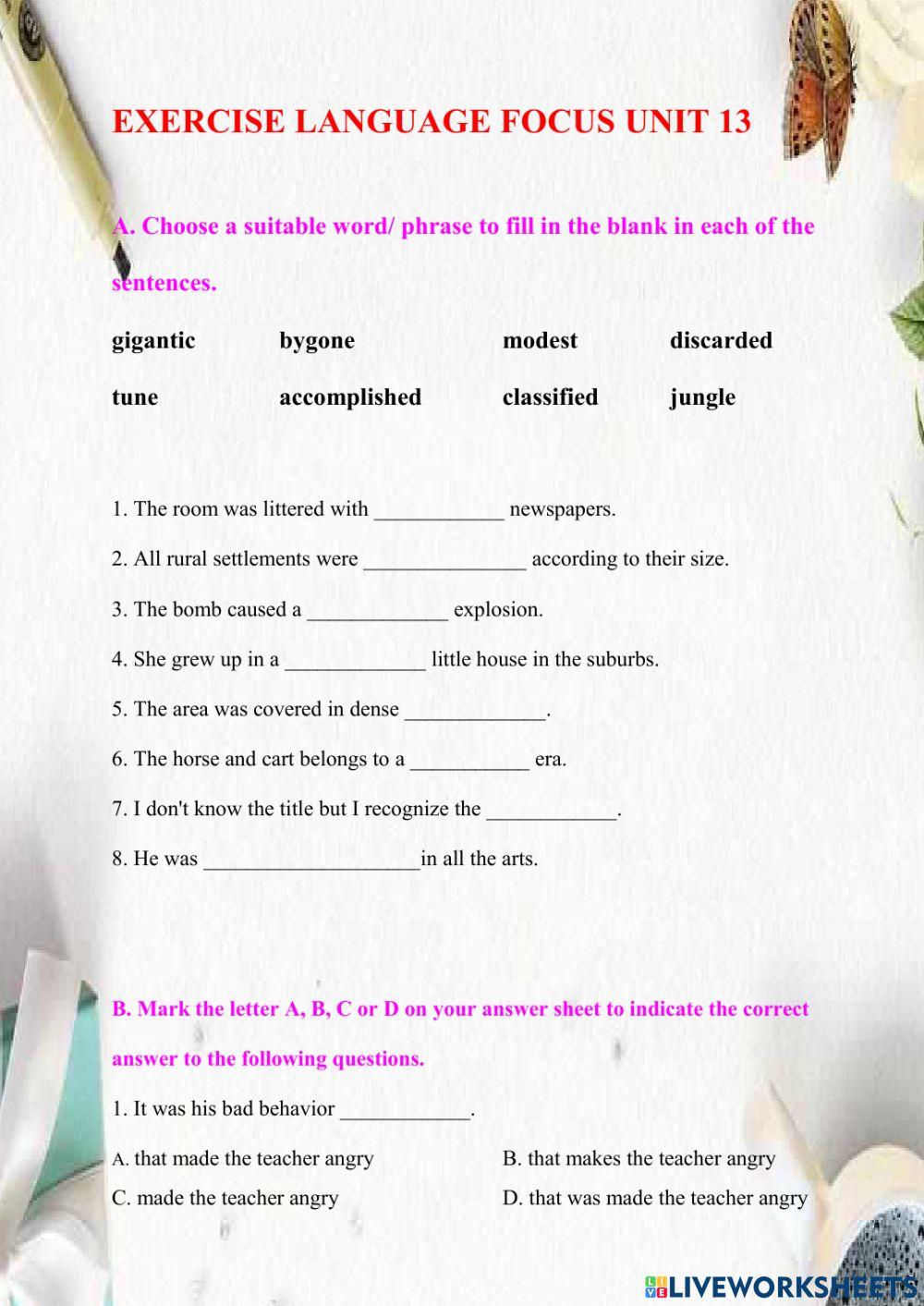 EXERCISE LANGUAGE FOCUS UNIT 13 - GRADE 11 5293906