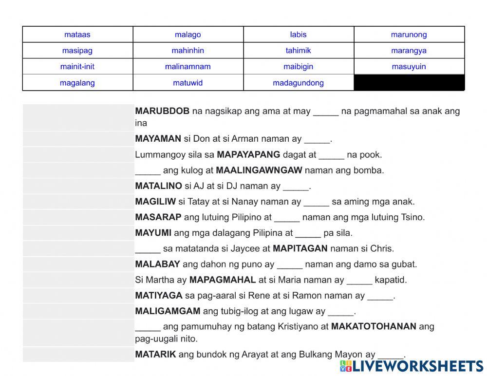 Lesson 6 : Pang-uring Magkasing kahulugan worksheet | Live Worksheets