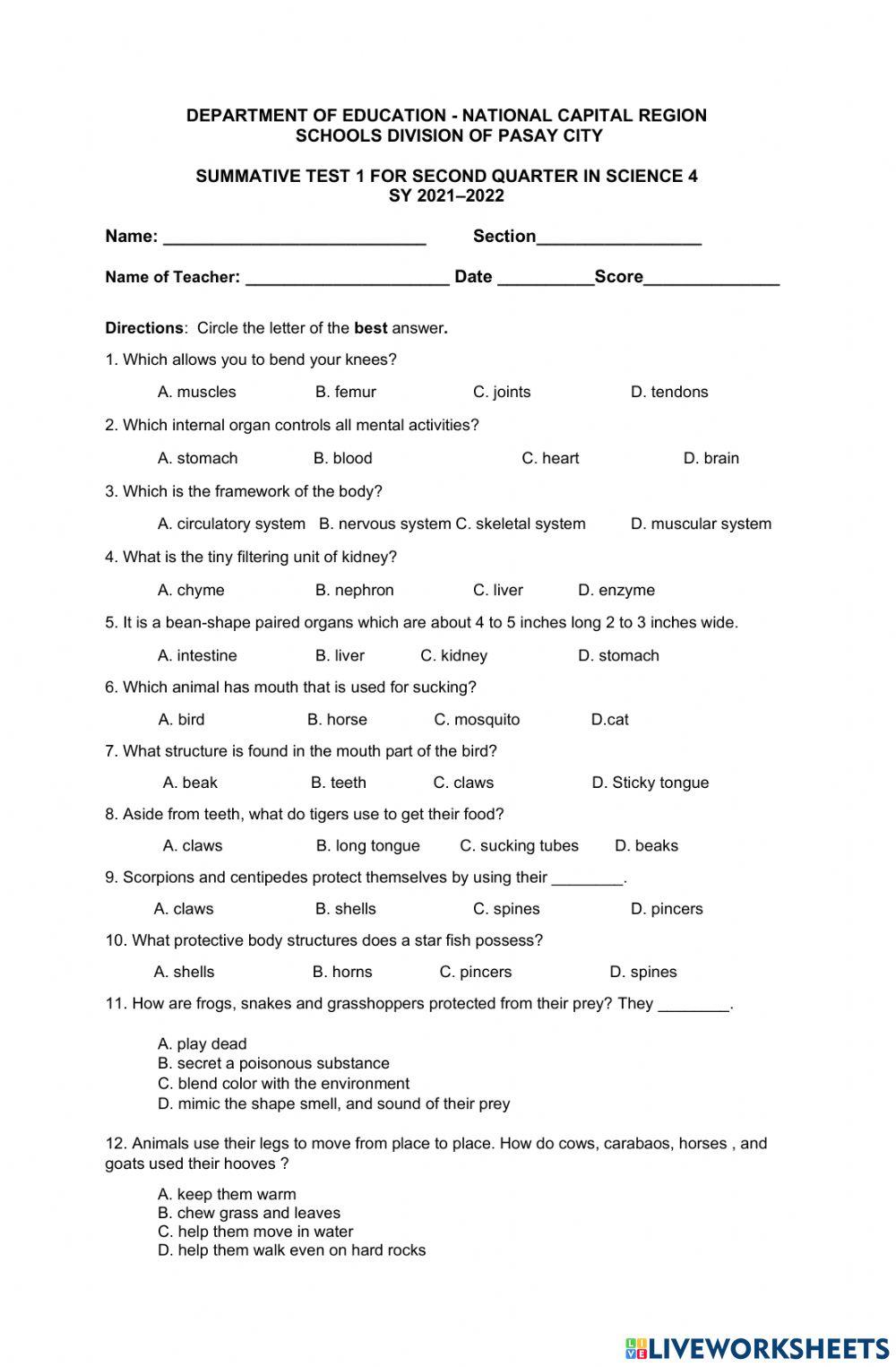 Sicence Exam SDO PASAY worksheet | Live Worksheets