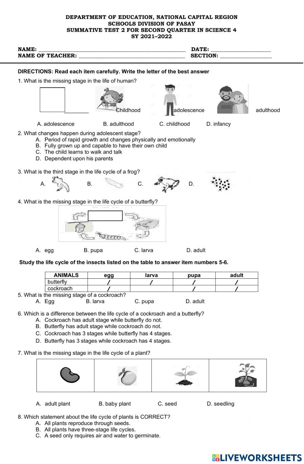 Sicence Exam SDO PASAY worksheet | Live Worksheets