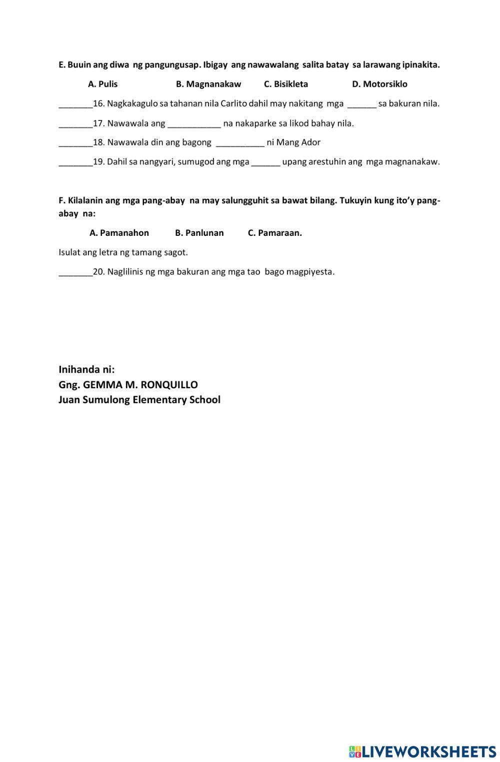 Filipino interactive activity for 4 | Live Worksheets