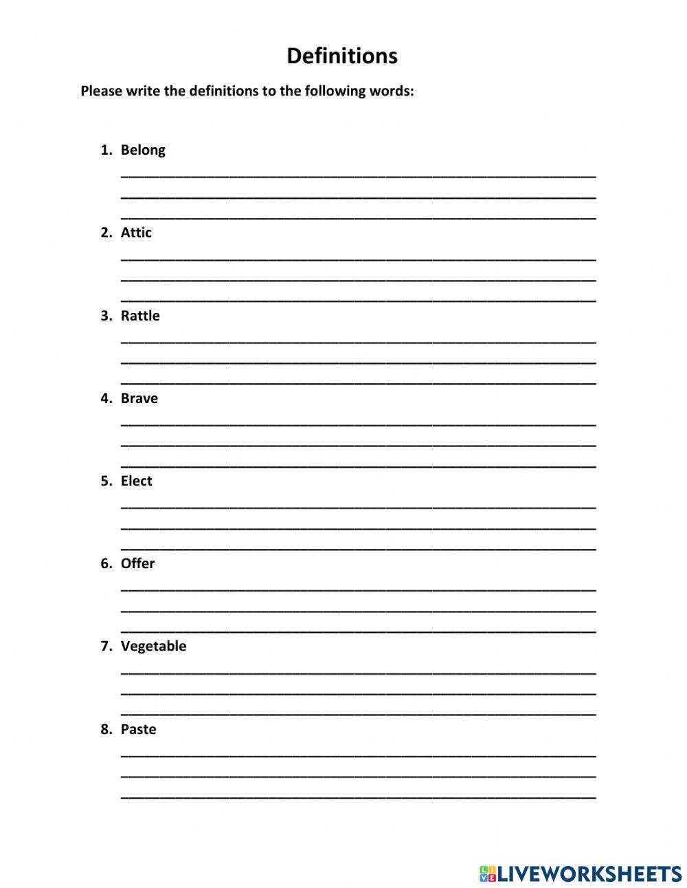 Vocabulary Definitions worksheet | Live Worksheets