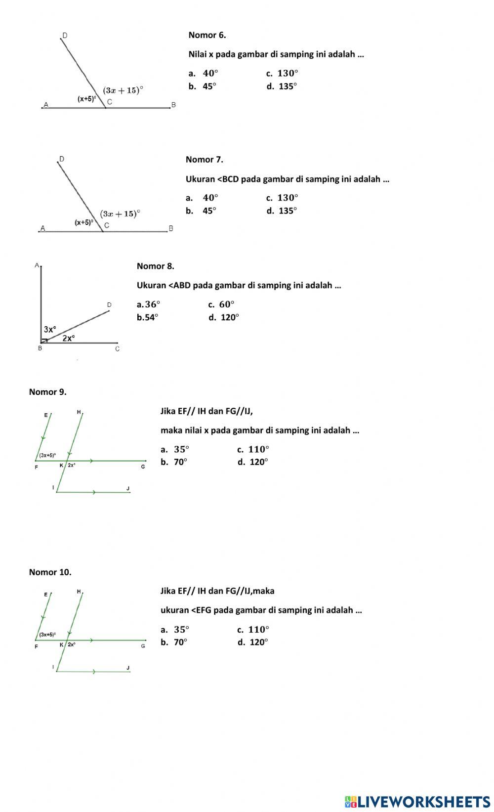 Hubungan Antar Sudut Interactive Worksheet Live Worksheets