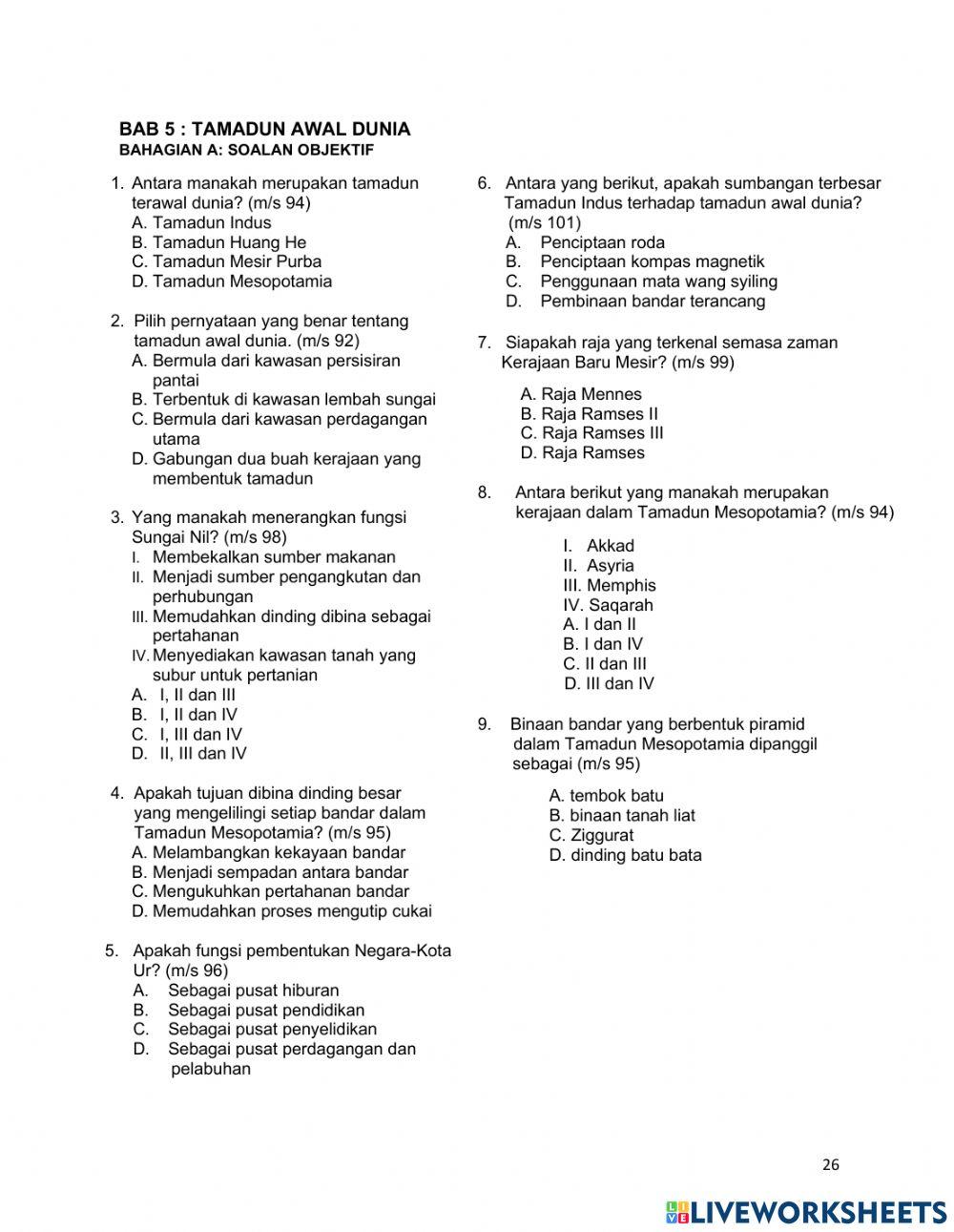 BAB 5 SOALAN OBJEKTIF DAN SOALAN STRUKTUR online exercise for | Live Worksheets