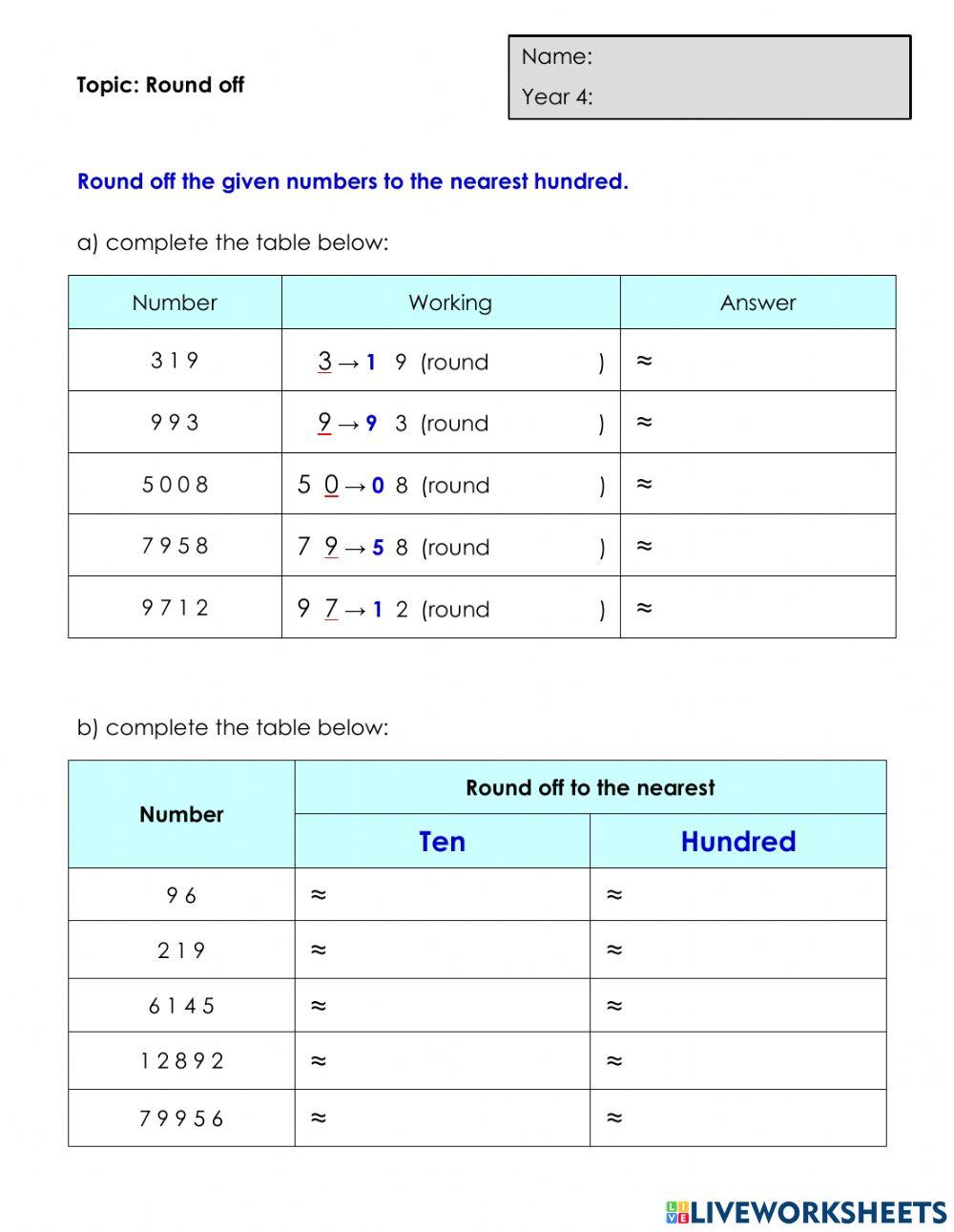 Whole Numbers - round off to the nearest hundred worksheet | Live ...
