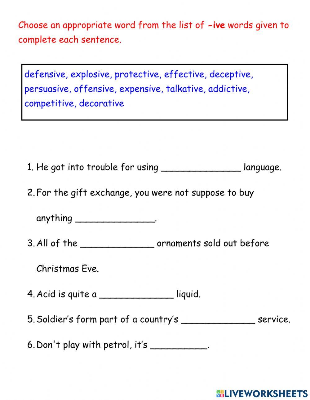 Adjective Formation -ive worksheet | Live Worksheets