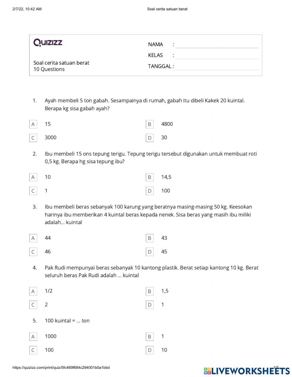 Operasi hitung satuan berat 1 worksheet | Live Worksheets