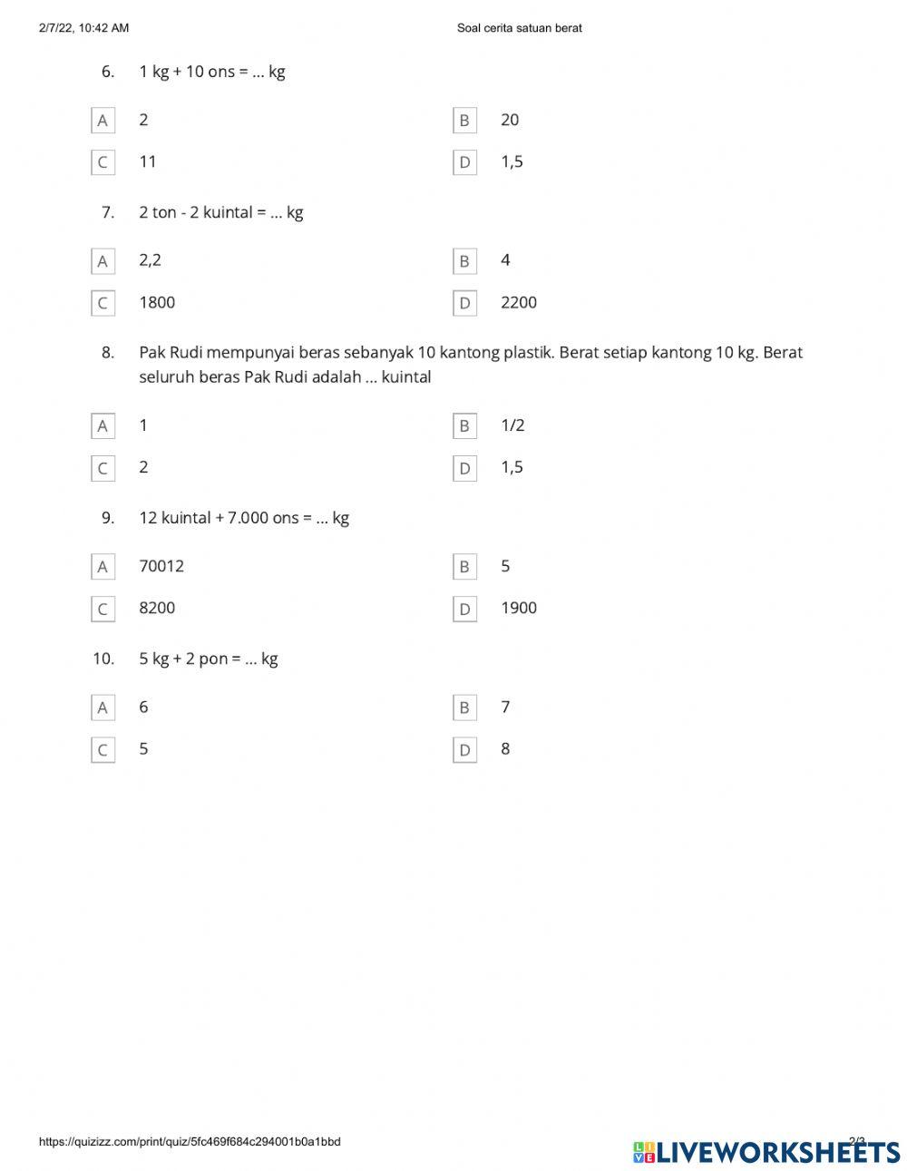Operasi hitung satuan berat 1 worksheet | Live Worksheets