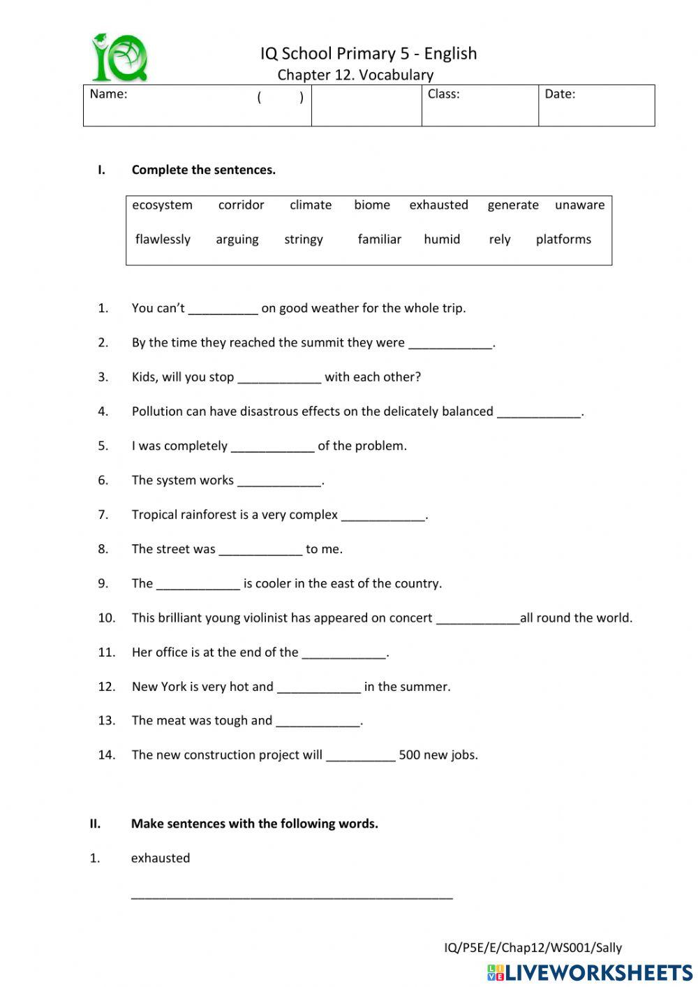 Chapter 12- English 5EB- Vocabulary worksheet | Live Worksheets