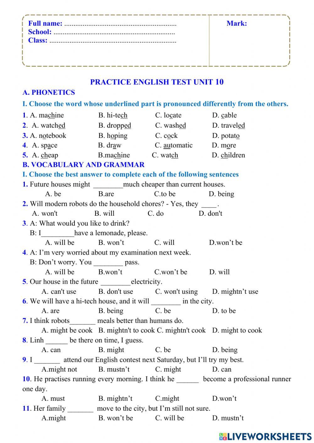 Thử 1 worksheet | Live Worksheets