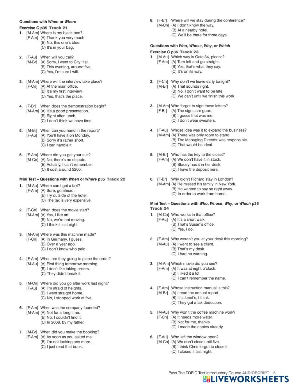 Toeic Part 2 Wh… | Free Interactive Worksheets | 1852986
