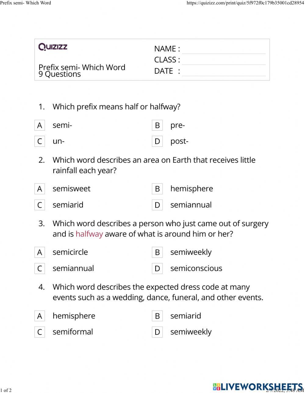 Prefix Semi | Free Interactive Worksheets | 1853022