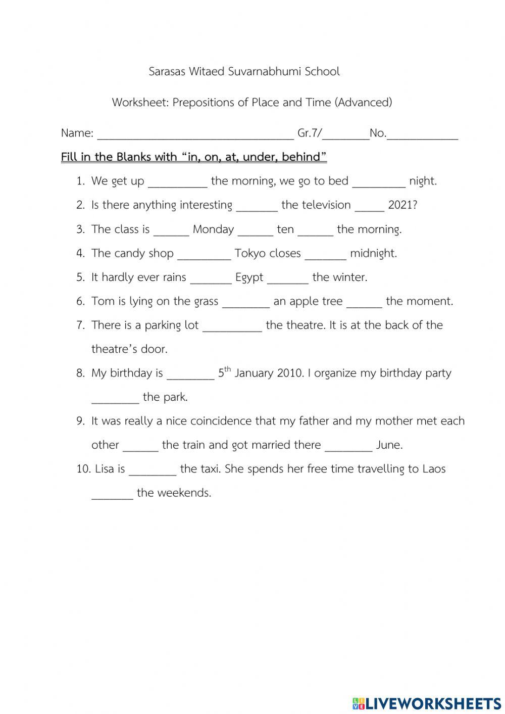 Gr.7 - Prepositions of Place and Time (Advanced) online exercise for ...