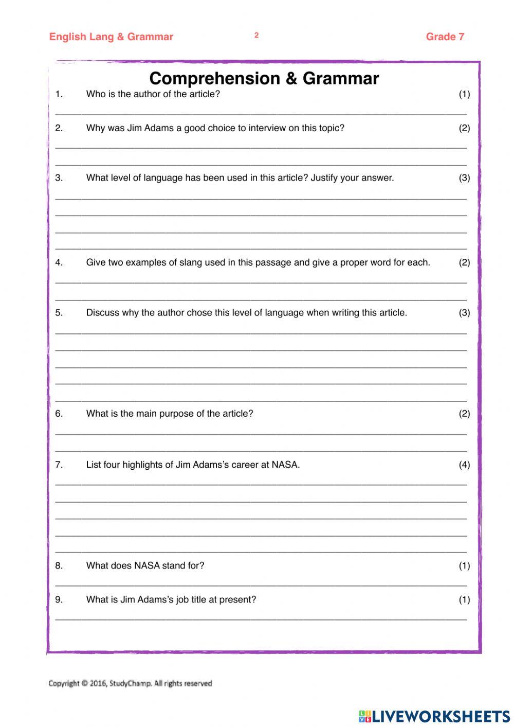 Comprehension - Space online exercise for | Live Worksheets