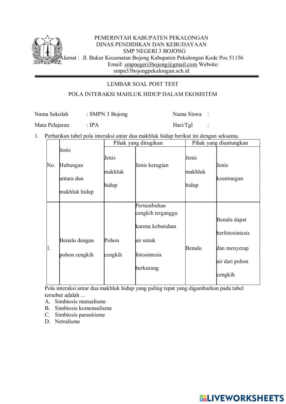 Interaksi Mahluk Hidup Dengan Lingkungannya Worksheet Live Worksheets