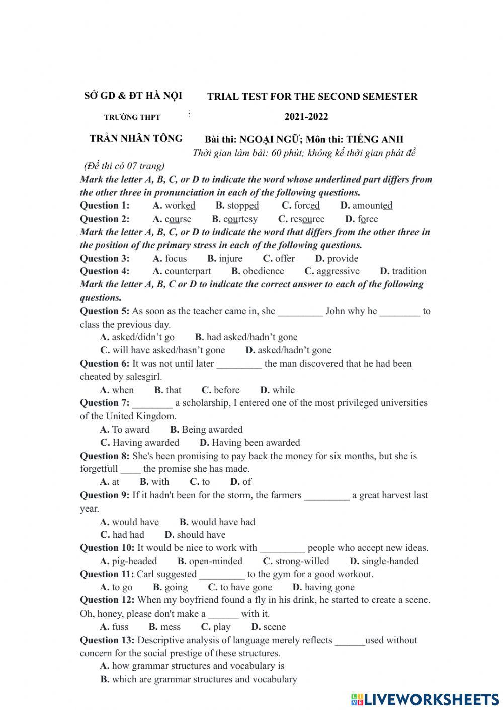 Trial test 01 interactive worksheet | Live Worksheets