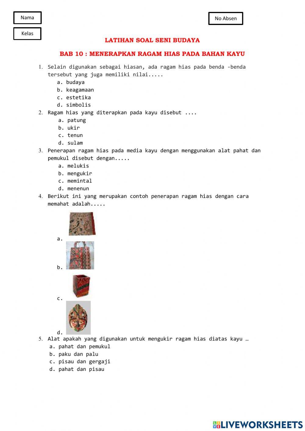 Latihan Seni Budaya Bab 10 worksheet | Live Worksheets