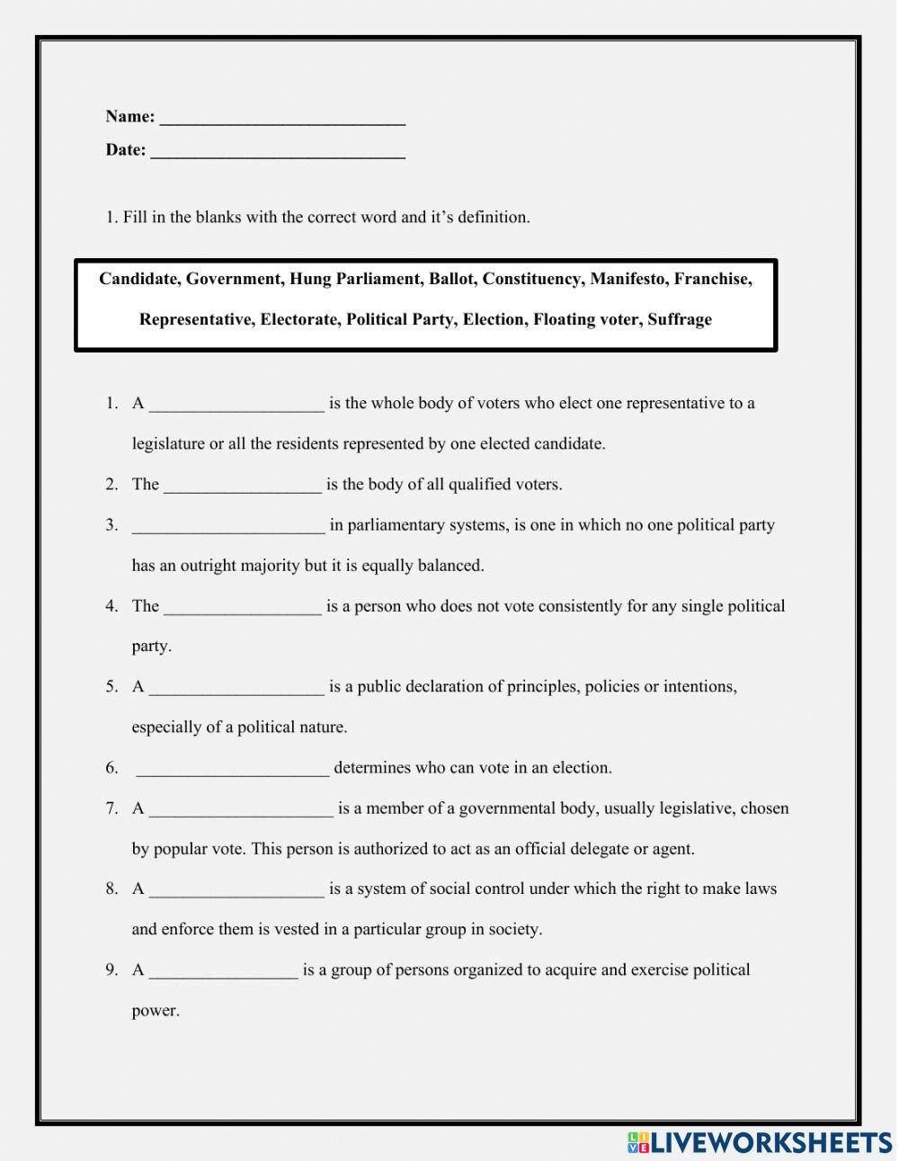 Worksheet on Election Systems online exercise for | Live Worksheets