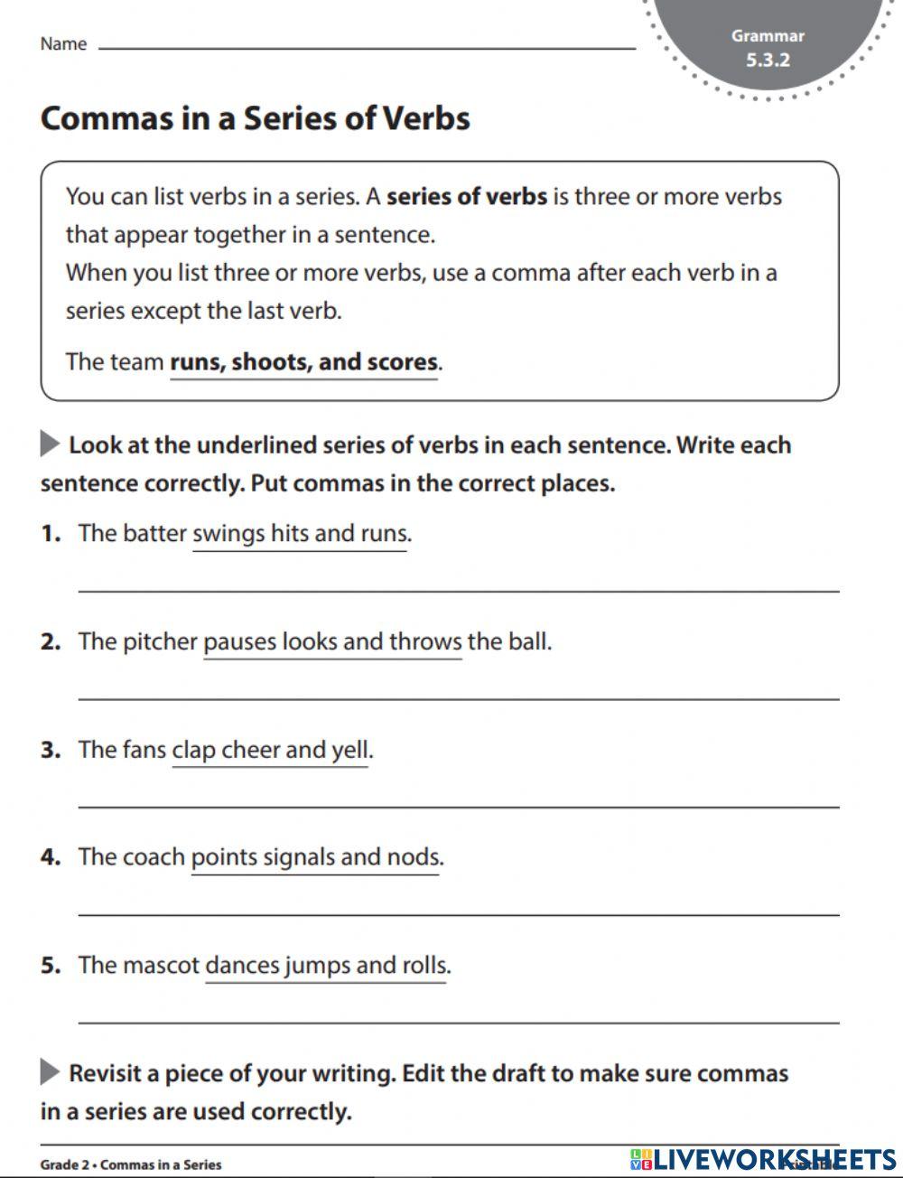 Commas in a series of verbs. online exercise for | Live Worksheets